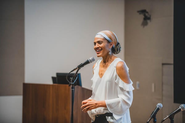 Novelist Trisha R. Thomas speaks during a Writers Week even on Feb. 12 ...